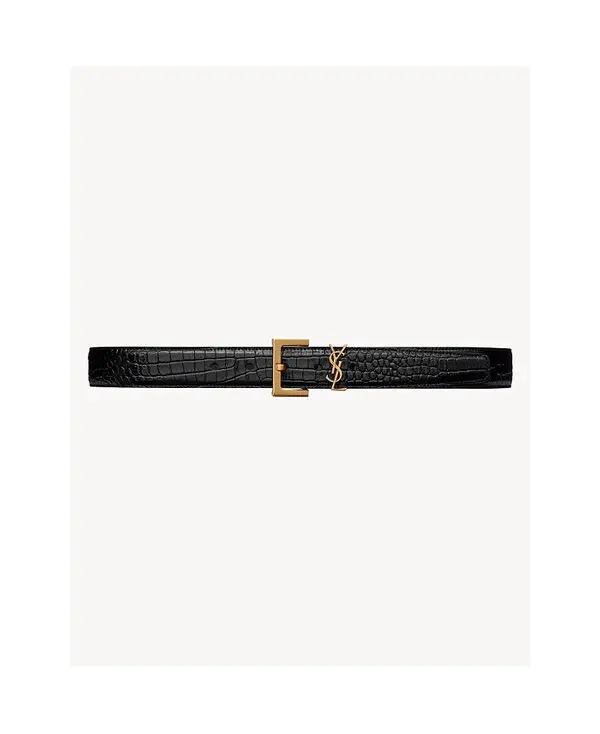 Saint Laurent Cassandre Belt With Square Buckle - Black - Crocodile