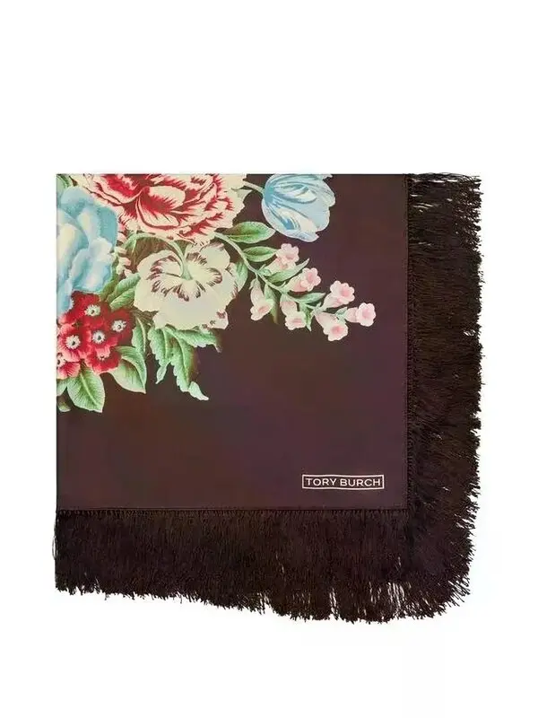 Tory Burch Floral Fringed Square Scarf - Brown
