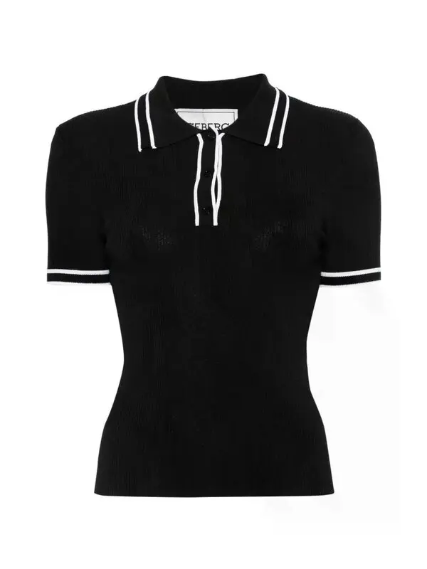 Iceberg Stripe Knit Polo Top - Black