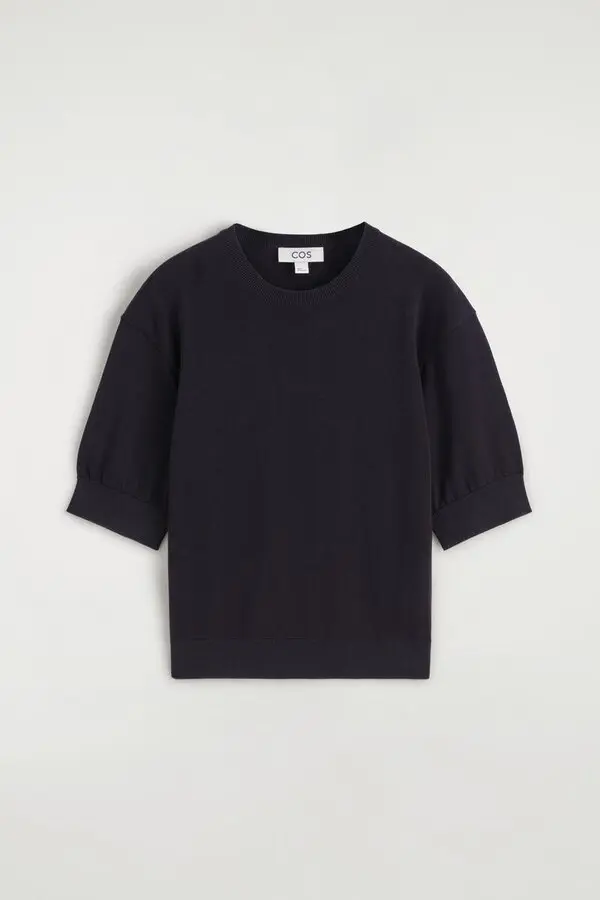 Cos Knitted Cotton T-shirt With Puff Sleeves - Navy