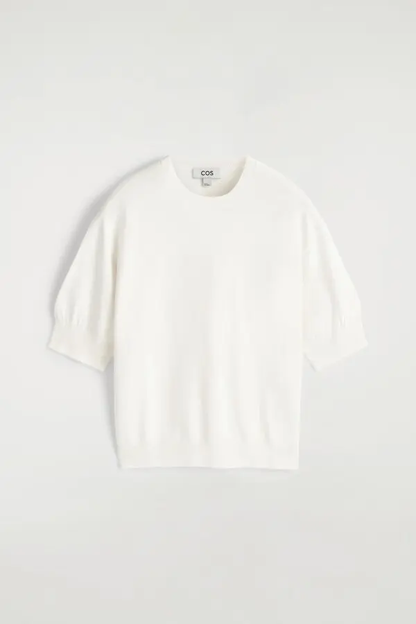Cos Knitted Cotton T-shirt With Puff Sleeves - White