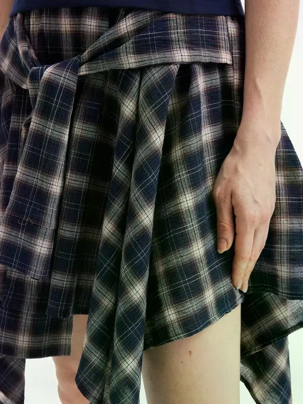 B+AB Tie-waist Check-pattern Asymmetric Skirt