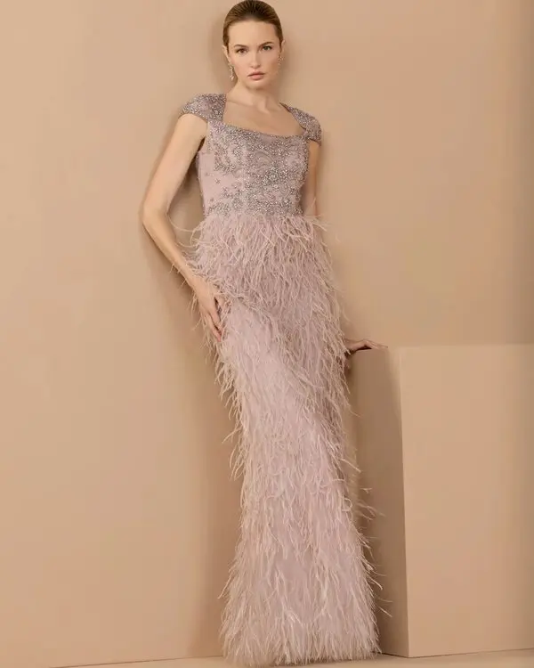 MAC DUGGAL COLLECTION Embellished Feather Gown - Mocha