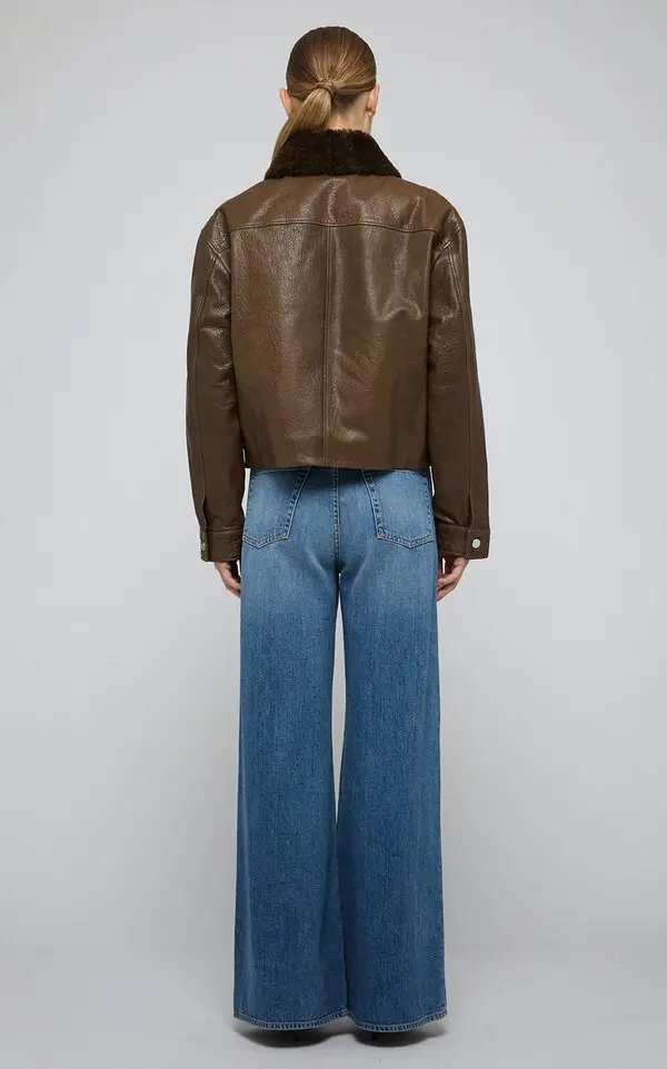 Simkhai Mel Shearling Collar Cropped Leather Jacket
