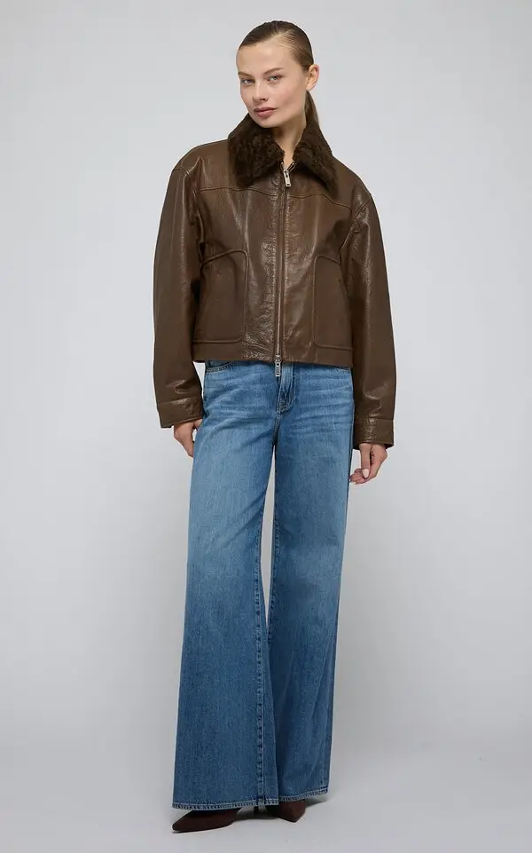 Simkhai Mel Shearling Collar Cropped Leather Jacket