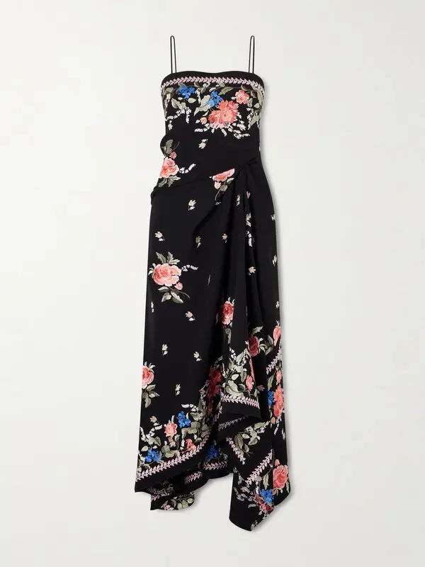 Erdem Asymmetric Embroidered Grain De Poudre Wool Midi Dress - Black