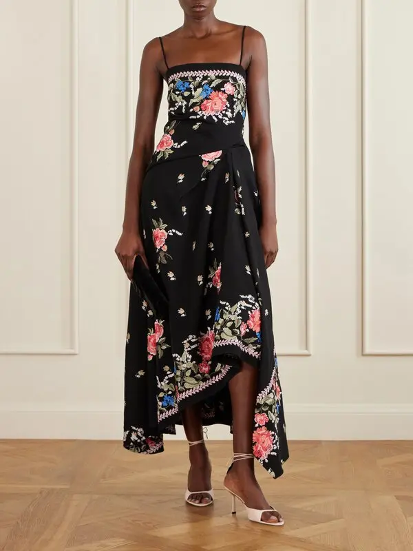 Erdem Asymmetric Embroidered Grain De Poudre Wool Midi Dress