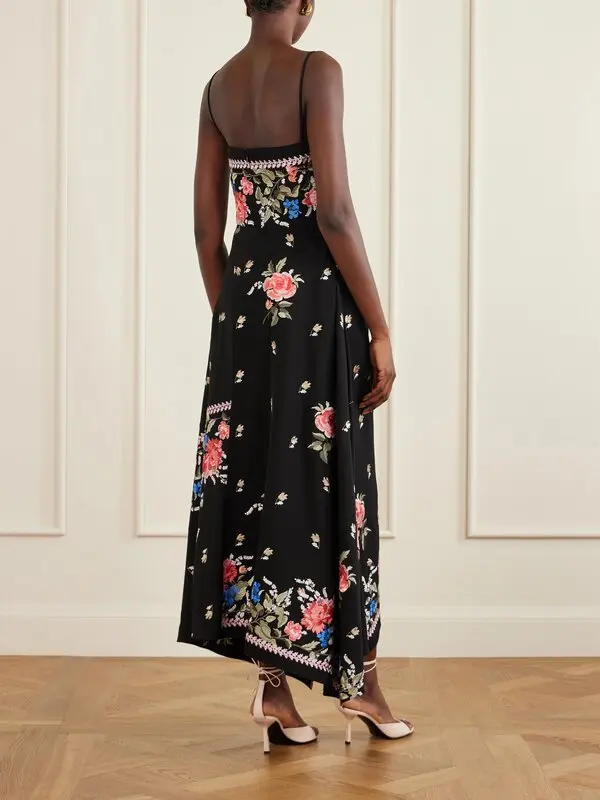 Erdem Asymmetric Embroidered Grain De Poudre Wool Midi Dress