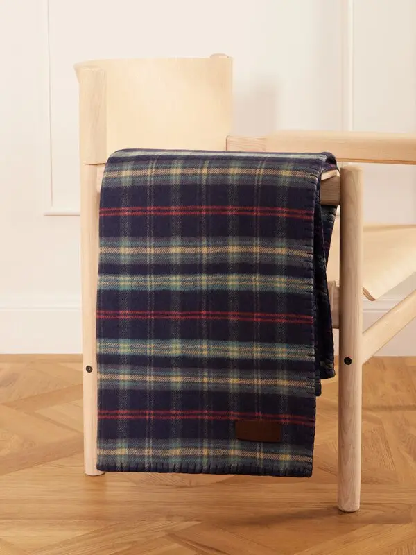 Ralph Lauren Georgia Leather-trimmed Whipstitched Checked Wool And Cashmere-blend Blanket - Blue