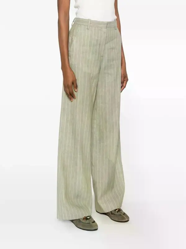 Maje Striped Linen Blend Wide-leg Trousers - Green