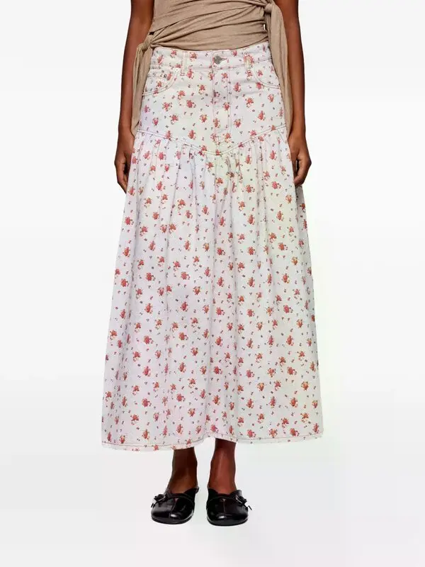GANNI Printed Denim Midi Skirt