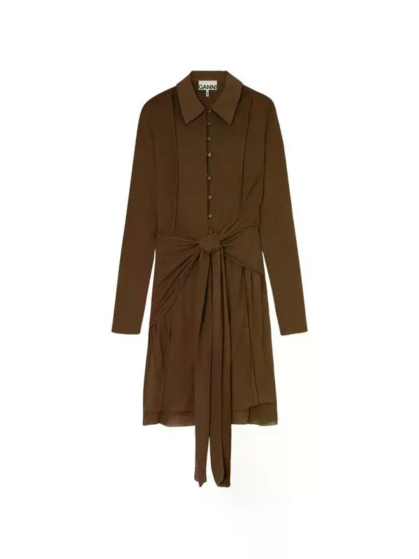 GANNI Long Sleeve Collared V-neck Dress With Draped Knot Detail - Brown