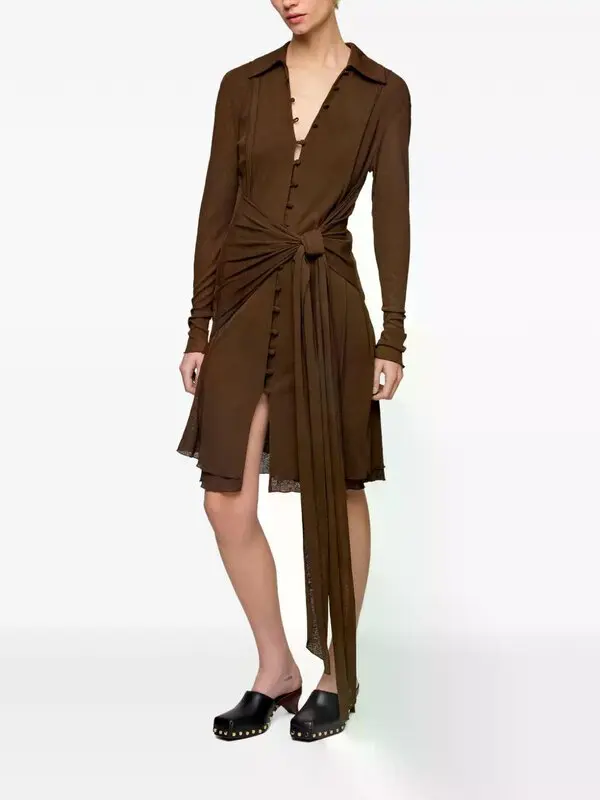 GANNI Long Sleeve Collared V-neck Dress With Draped Knot Detail - Brown
