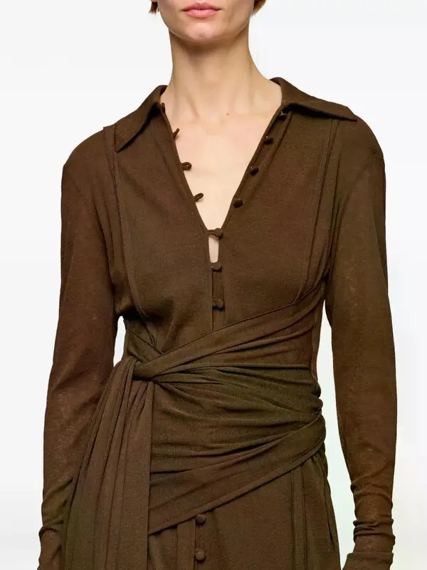 GANNI Long Sleeve Collared V-neck Dress With Draped Knot Detail - Brown