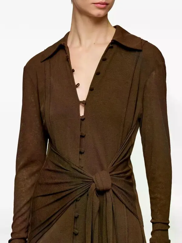 GANNI Long Sleeve Collared V-neck Dress With Draped Knot Detail - Brown