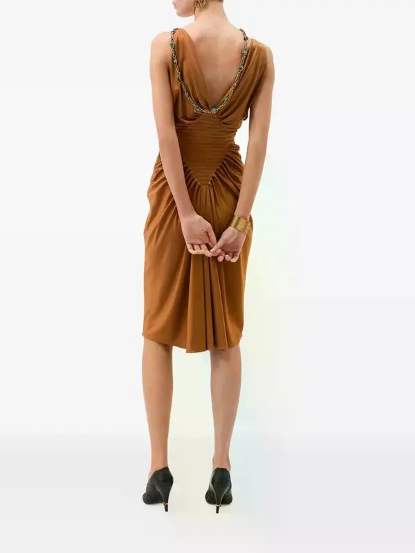 Versace Sleeveless Draped V-neck Midi Dress With Medusa Hardware - Brown