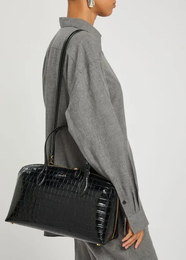 TOTEME Lounge Medium Crocodile-effect Leather Top Handle Bag - Black
