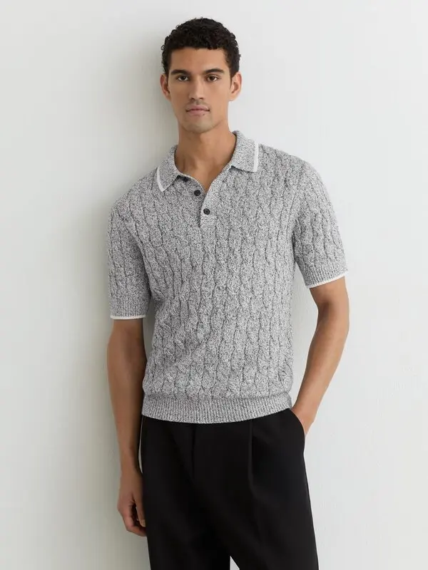 REISS Denby Cotton Cable-knit Polo Shirt - Black/white