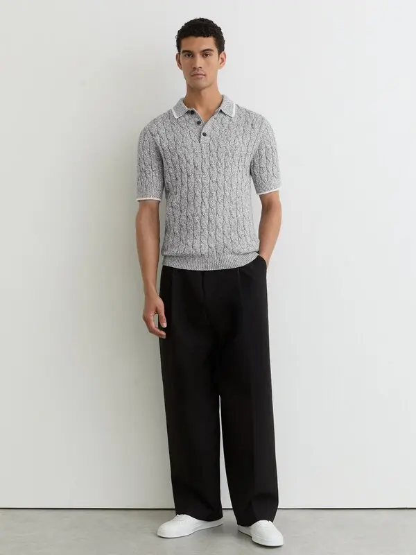 REISS Denby Cotton Cable-knit Polo Shirt - Black/white