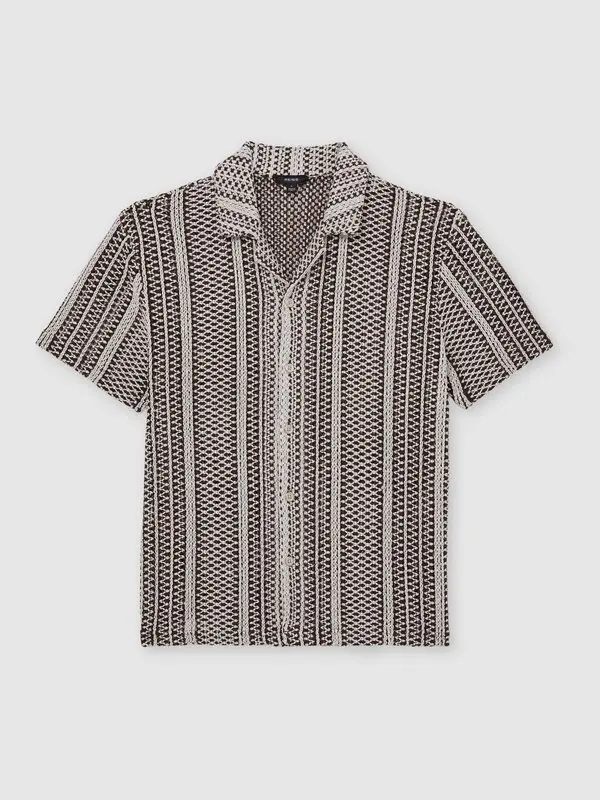 REISS Aetos Crochet Stripe Cuban-collar Shirt