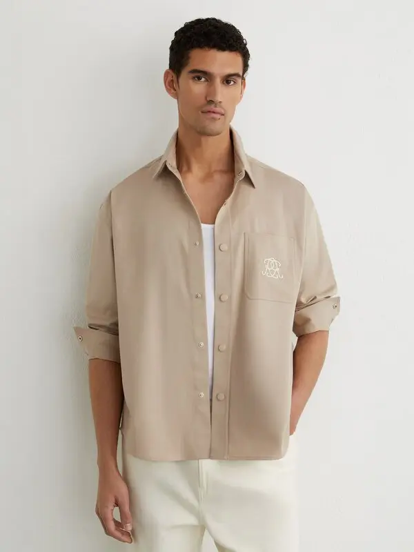 REISS Elmore Monogram Embroidered Relaxed Overshirt Stretch-cotton