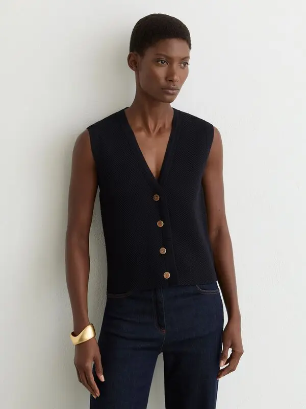 REISS Ria Textured-knit Waistcoat - Navy
