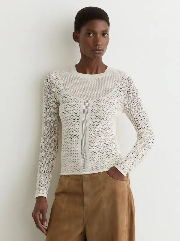 REISS Pointelle-knit Long-sleeve Top