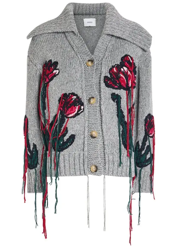 Erdem Embroidered Wool And Cotton-blend Cardigan - Grey