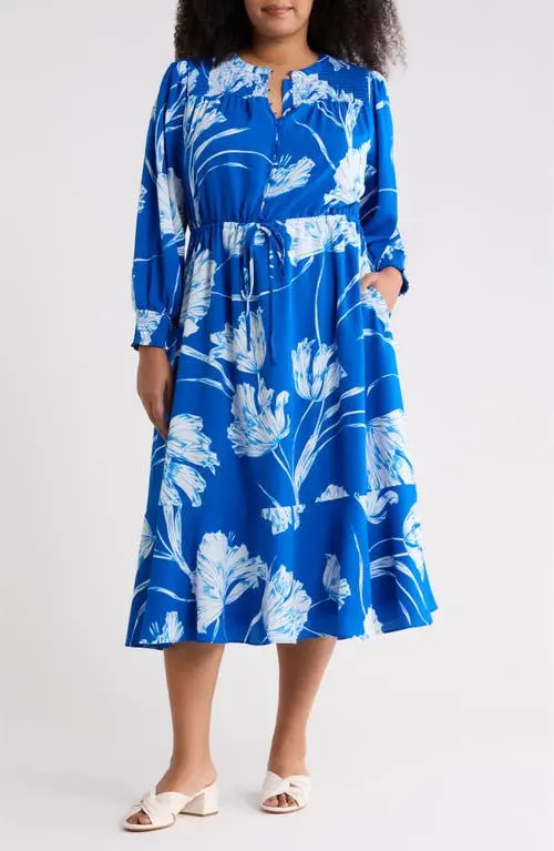 SUGARLIPS Amanlia Floral Keila Long Sleeve Midi Dress - Blue-white