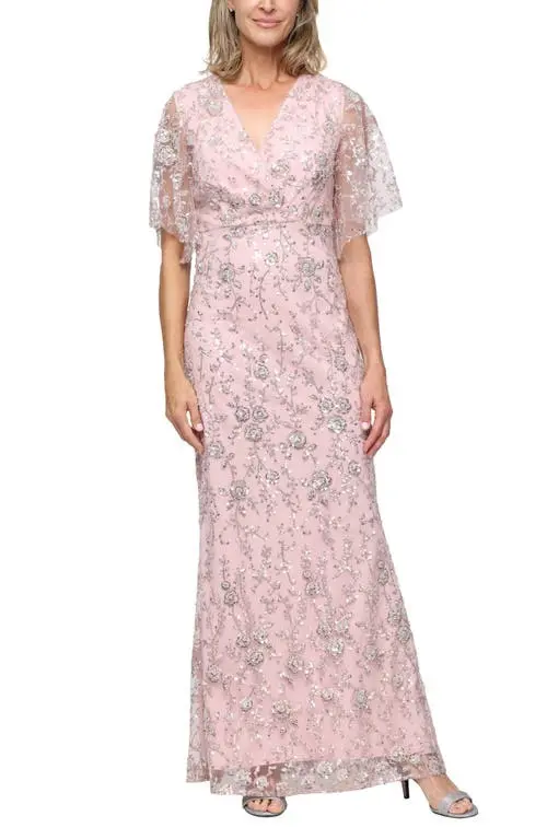 SL FASHIONS Beaded Surplice Neck Gown - Blush