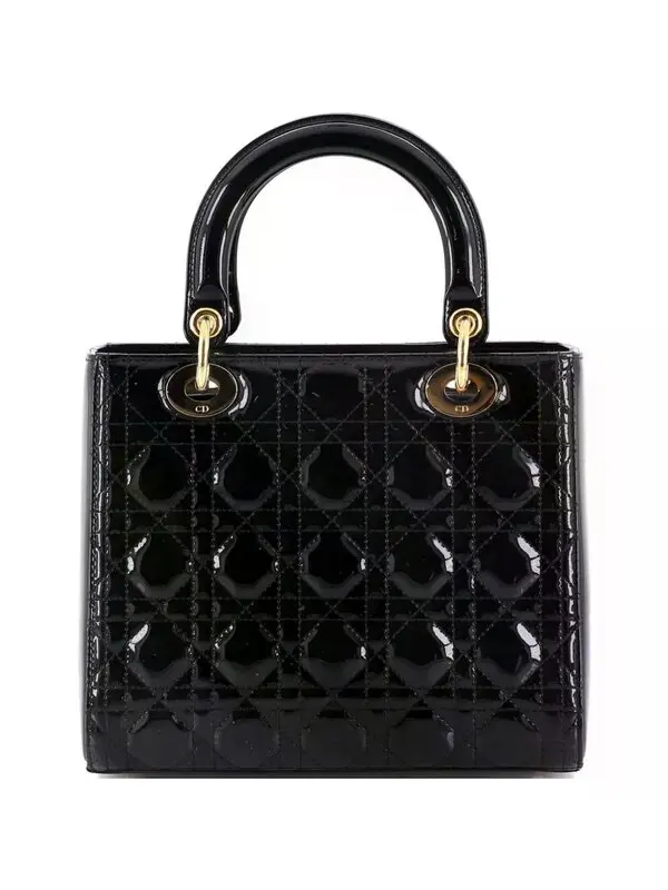 Dior Lady Bag Cannage Quilt Patent Medium Satchel - Black