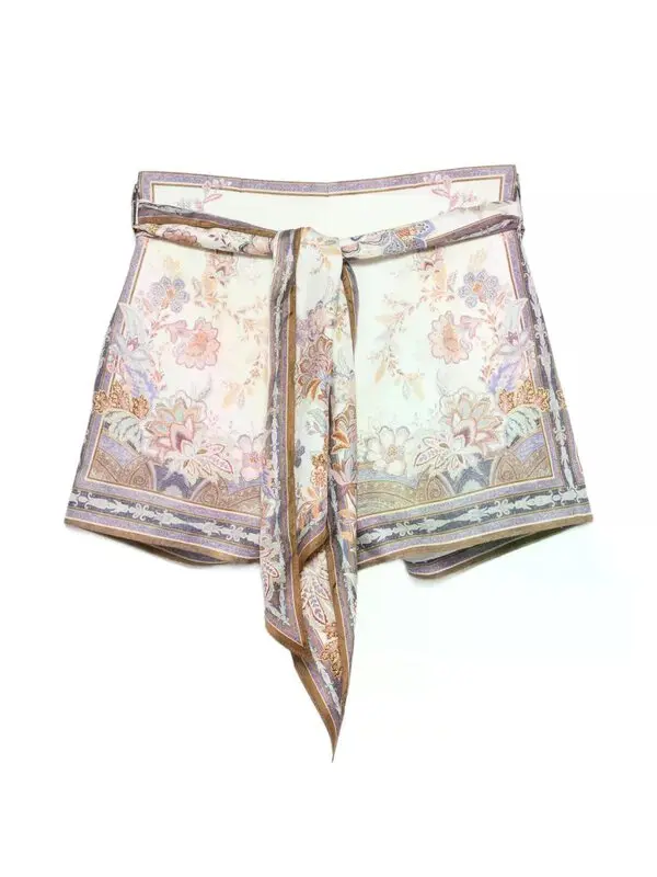Zimmermann Luna Floral Print Belted Mini Shorts - Neutrals