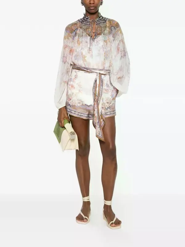 Zimmermann Luna Floral Print Belted Mini Shorts - Neutrals