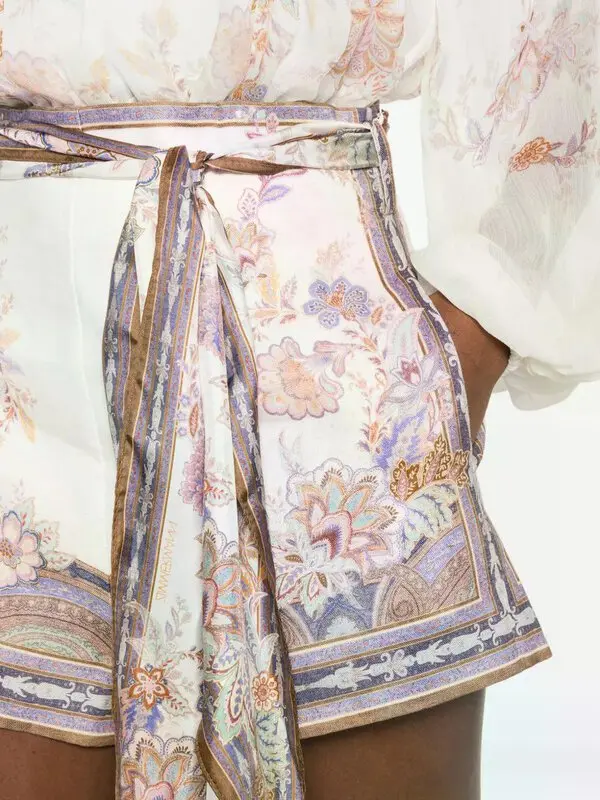 Zimmermann Luna Floral Print Belted Mini Shorts - Neutrals