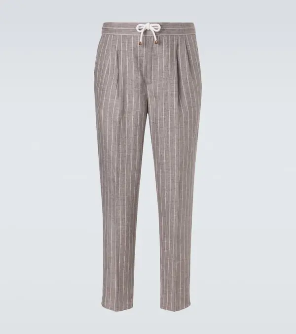 Brunello Cucinelli Chalk Stripe Linen Twill Tapered Pants - Brown