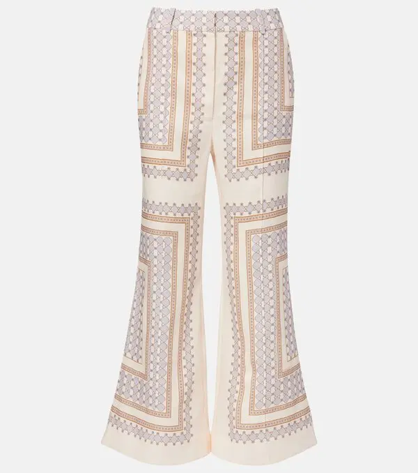Zimmermann Printed Cropped Flared Linen Pants - Beige