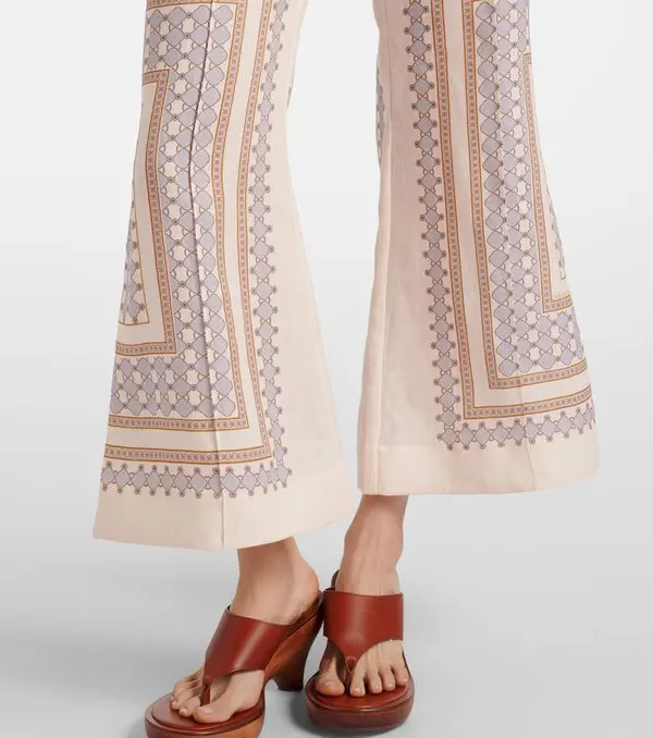Zimmermann Printed Cropped Flared Linen Pants - Beige