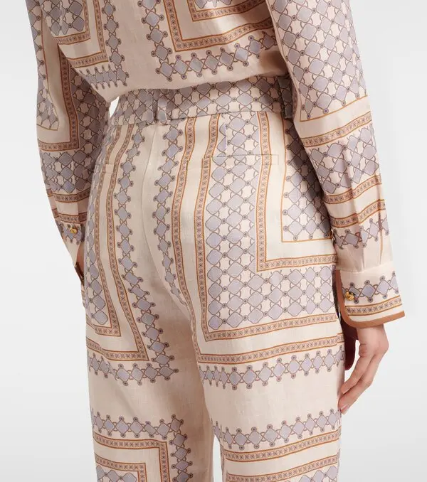 Zimmermann Printed Cropped Flared Linen Pants - Beige