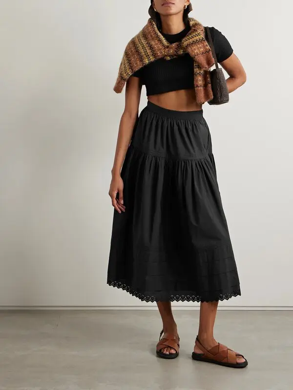 DÔEN Sebastiane Crochet-trimmed Organic Cotton-poplin Midi Skirt - Black
