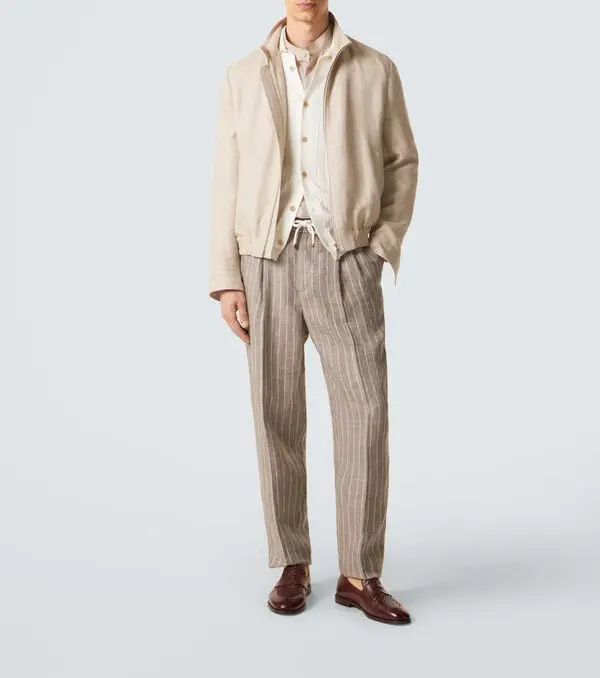 Brunello Cucinelli Chalk Stripe Linen Twill Tapered Pants