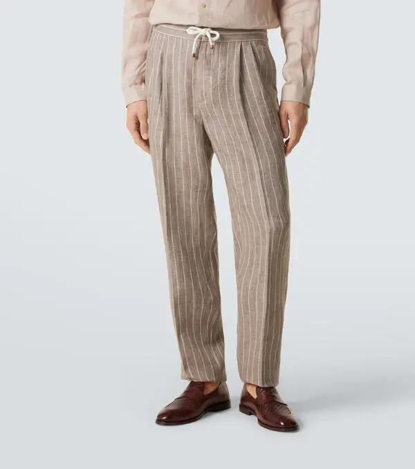 Brunello Cucinelli Chalk Stripe Linen Twill Tapered Pants