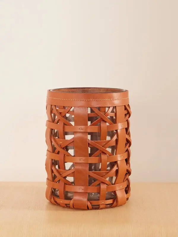Ralph Lauren Preston Mini Woven Leather And Glass Hurricane Candle Holder - Brown