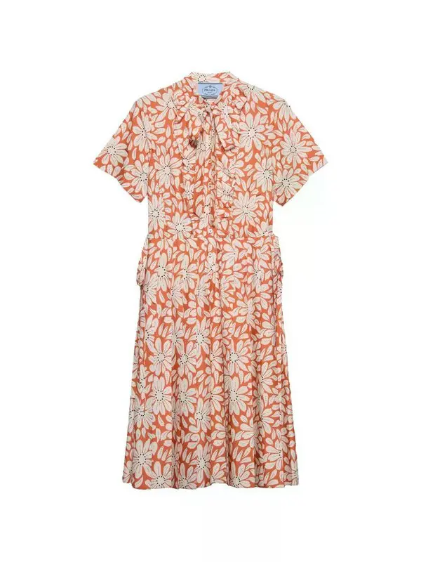 Prada Printed Pleated Pongé Dress - Orange