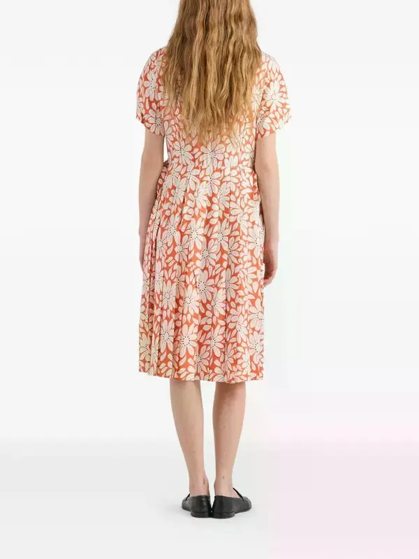 Prada Printed Pleated Pongé Dress - Orange
