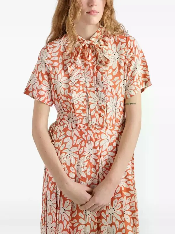 Prada Printed Pleated Pongé Dress - Orange