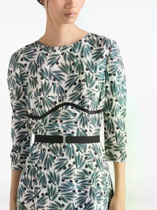 Prada Printed Pongé Sheath Dress With Three-quarter Sleeves - Neutrals