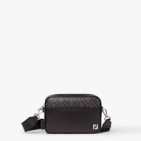 Fendi Squared Ff Camera Case Leather And Ff Canvas Bag - Black