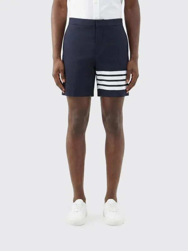 Thom Browne Slim Fit Viscose Blend Shorts With Signature Stripes - Navy