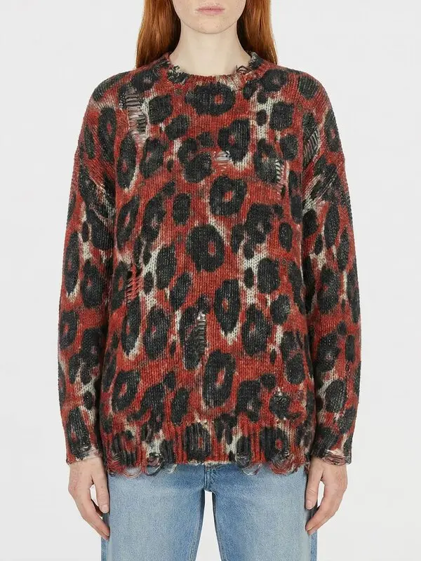 R13 Animal Print Distressed Cotton Knit Top - Red