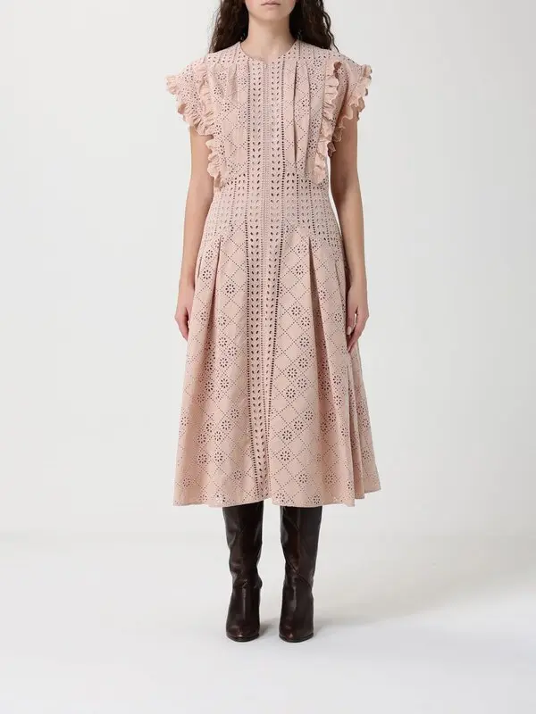 Alberta Ferretti Broderie Anglaise Midi Dress - Beige